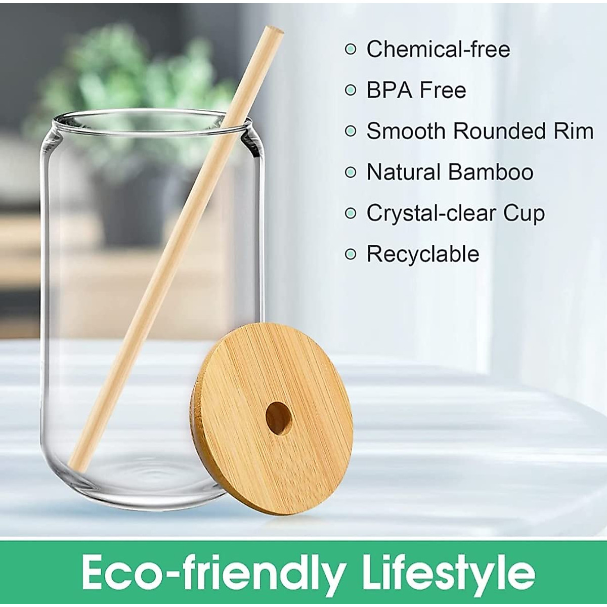 RANDY 4-Pack Beer Can Glass Cup, 16 oz Iced Coffee Drinking Cups with Bamboo Lid and Glass Straws, Glass Tumbler for Cocktail, Whiskey, Soda, Tea, Water