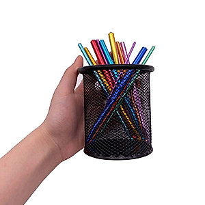 Black Pen Holder Cup for Desk, Pencil Cup Holder, Black Wire Mesh Pen Cup for Desk Office Pen Organizer