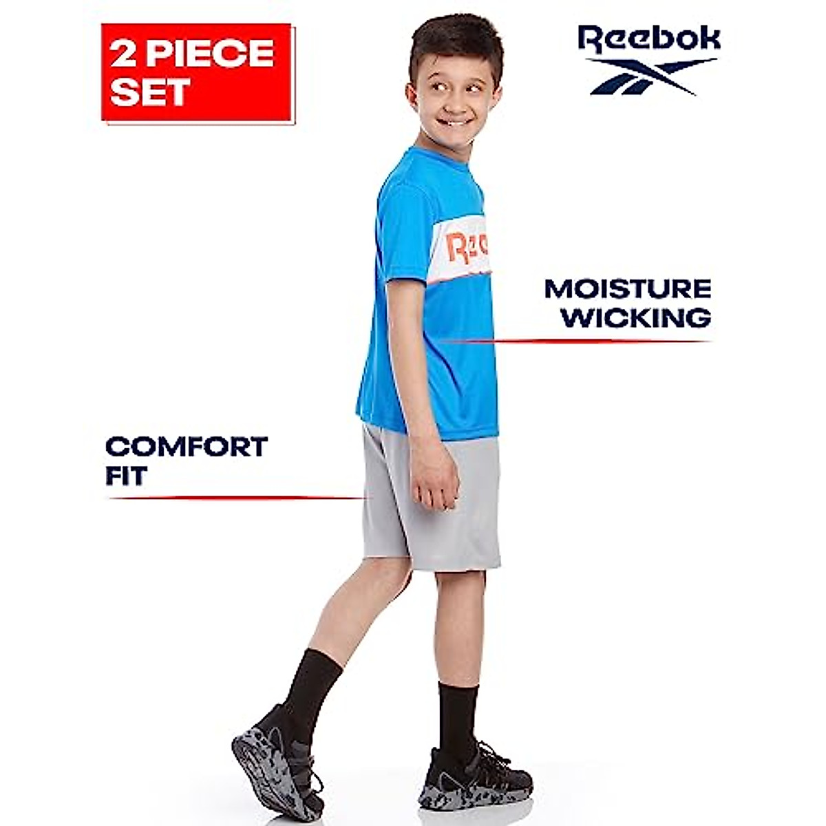 Reebok Boys' Active Shorts Set - 2 Piece Performance T-Shirt and Basketball Gym Shorts (8-12), Size 8, Electric Blue/Light Grey