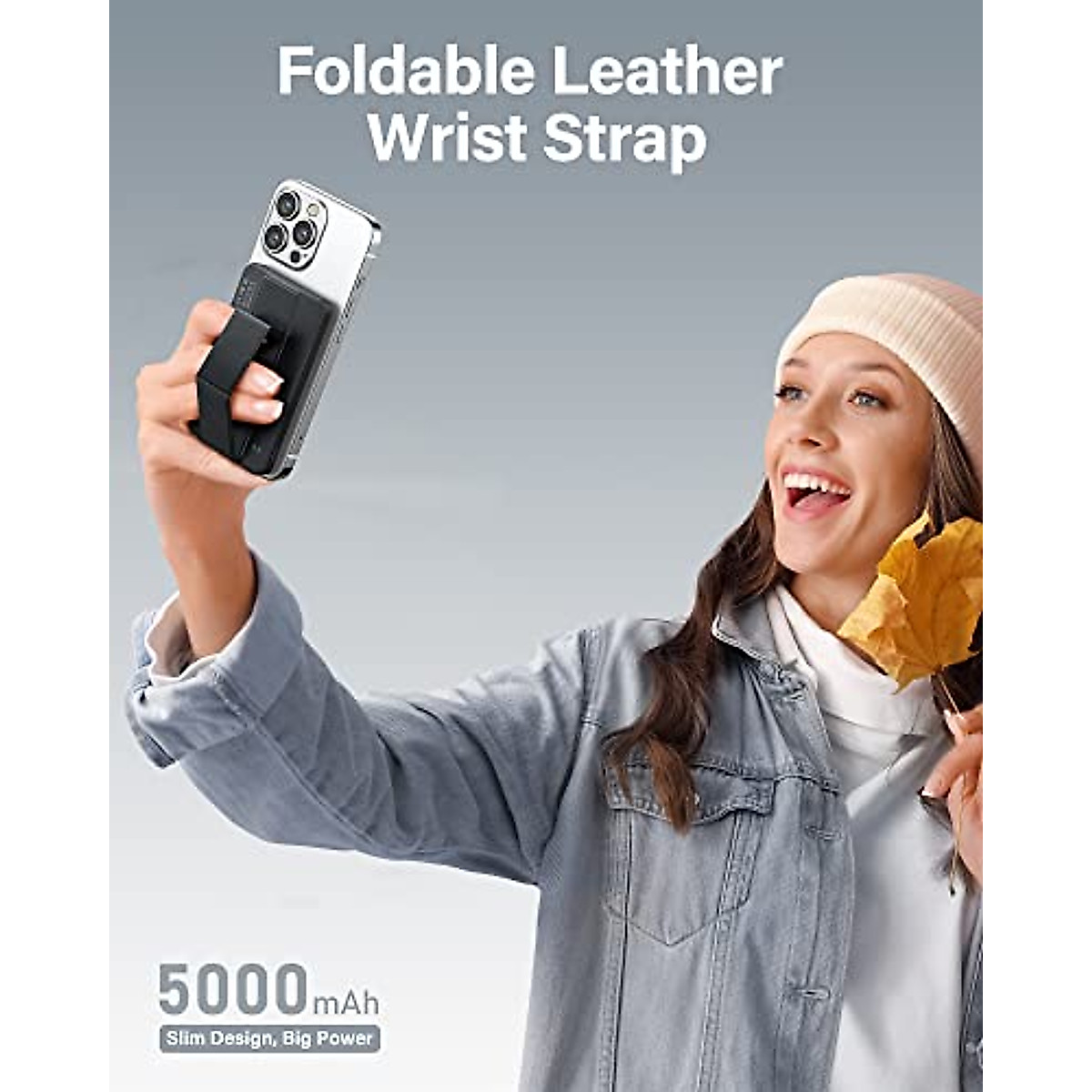 Fokimdo Magnetic Wireless Power Bank, Ultra-Thin 5000mAh Portable Charger Power Bank with Foldable Stand, Mag-Safe Battery Pack 5V/3A USB-C Output Input for iPhone 14/13/12 Series