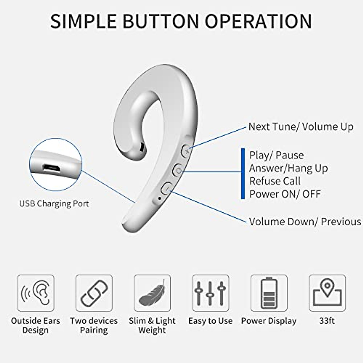 JAKPAK Bluetooth Earpiece for iPhone 13 Pro Max, Bluetooth Wireless Headphone Ear Hook, Bone Conduction Headphones with Mic Wireless Single Ear Bluetooth Headset for Galaxy S22 Ultra S21 A13 Silver