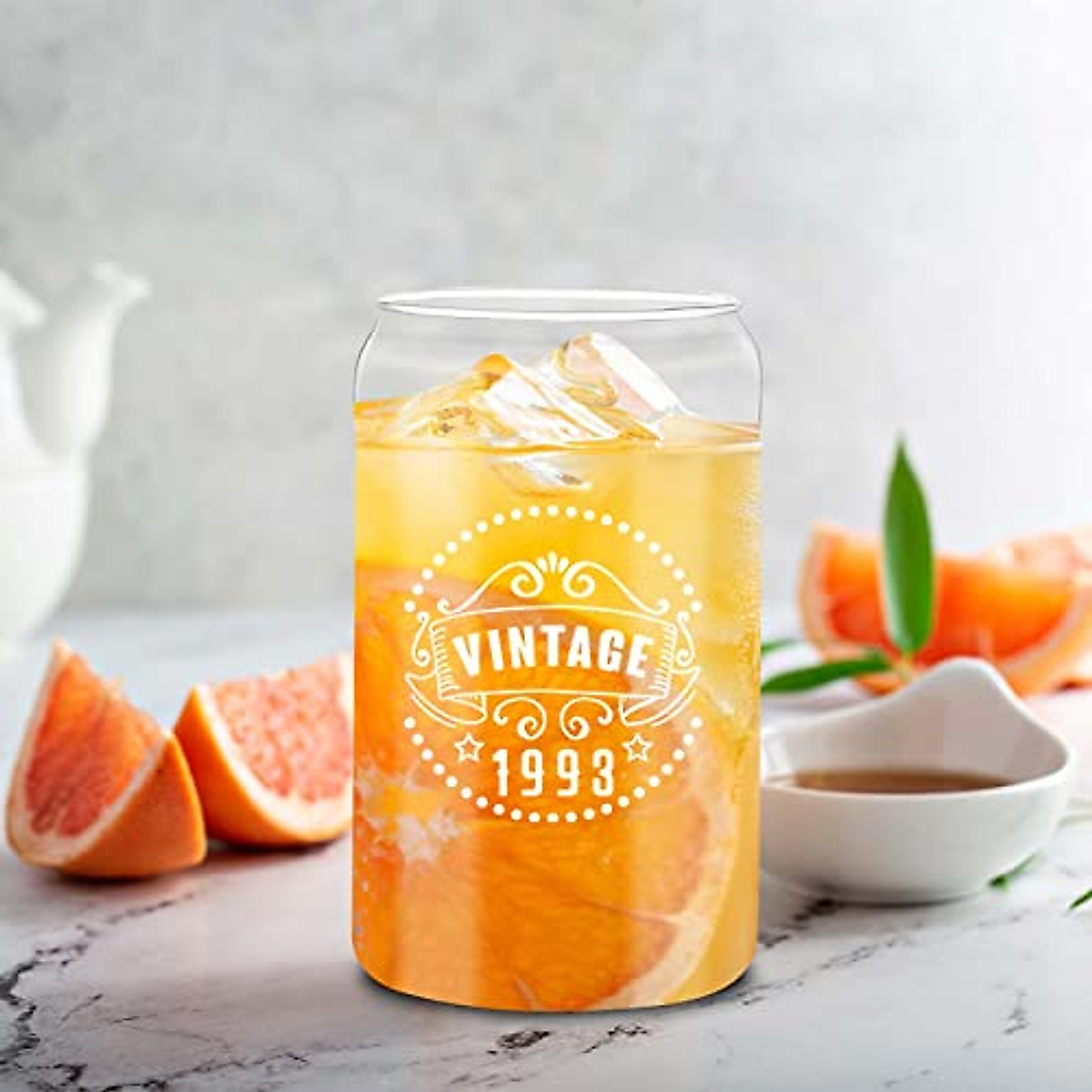 Delsakhula 30th Birthday Gifts for Women Men Vintage 1993 Coffee Can Glass 30 Year Old Birthday Vintage 1993 Glass Can Gifts for Women Men Coffee Glass Can with Bamboo Lid and Glass Straw 16 Oz