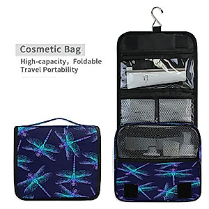 Omhonmi Hanging Toiletry Bag for Women Summer Dragonfly Pattern,Waterproof Makeup Pouch,Portable Cosmetic Bag,Travel Bag with Hanging Hook for Woman Man Travel Accessories