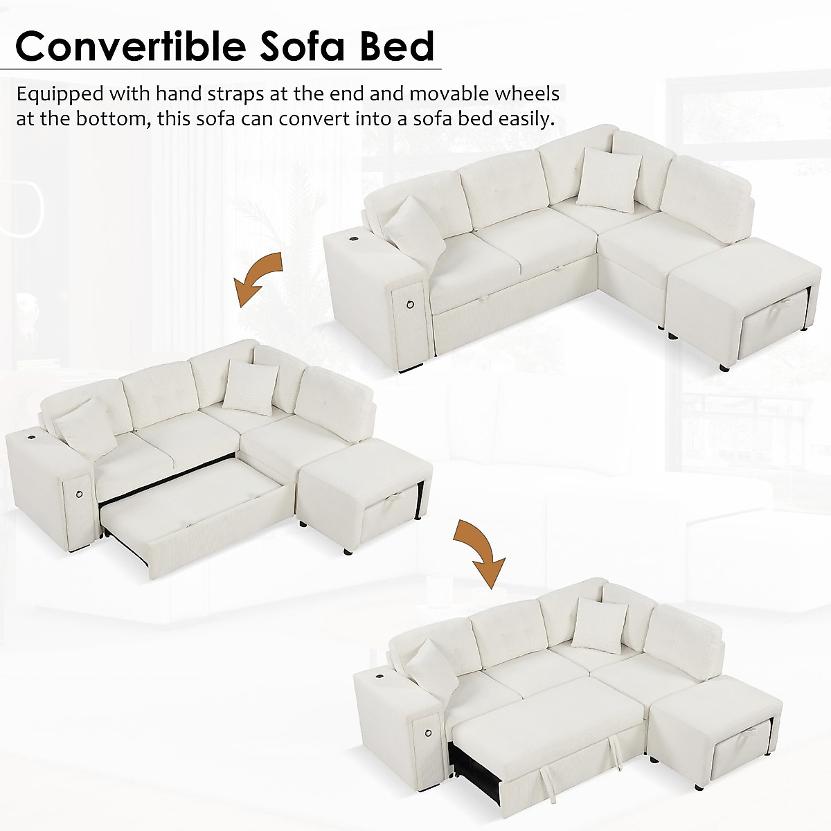 P PURLOVE Pull-Out Sofa Bed, Chenille L-Shaped Sectional Sofa Couch with a Movable Ottoman, 2 USB Ports and 2 Cup Holders for Living Room (Beige)