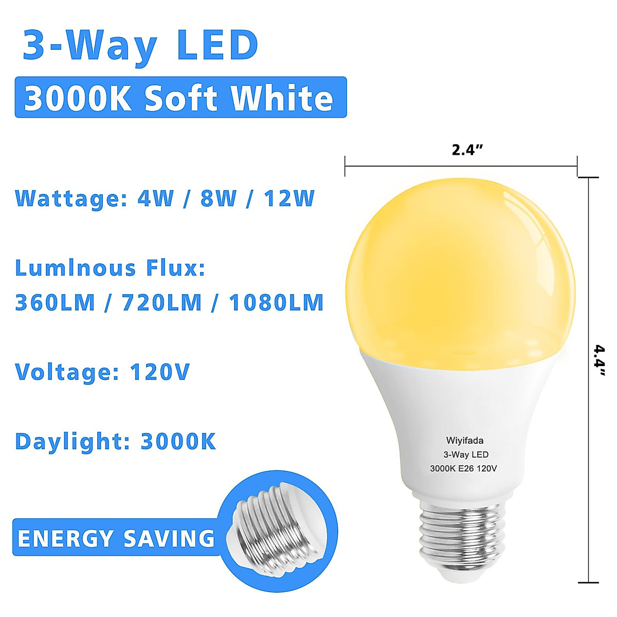 Wiyifada 3 Way LED Light Bulbs 2 Pack, 3 Way Light Bulbs 30 70 100 Soft White 3000K,E26 Medium Base A19 Three Way Light Bulbs, Indoor 3-Way Light Bulbs for Reading