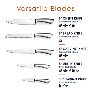 Cheer Collection Stainless Steel Chef Knife Set with Acrylic Stand (6-Piece) Professional Kitchen Utensils - Sharp Serrated and Standard Blades for Mincing, Chopping, Slicing