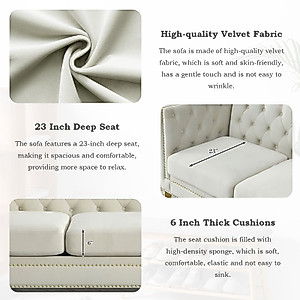 JEEOHEY Chesterfield Sofa,Oversized Velvet Sofa Couch,Deep Seat 3 Seater Sofa,Modern Sofa Chair with Button Nailhead,Upholstered Futon Couches,Furniture for Living Room,Bedroom,Office(Beige)
