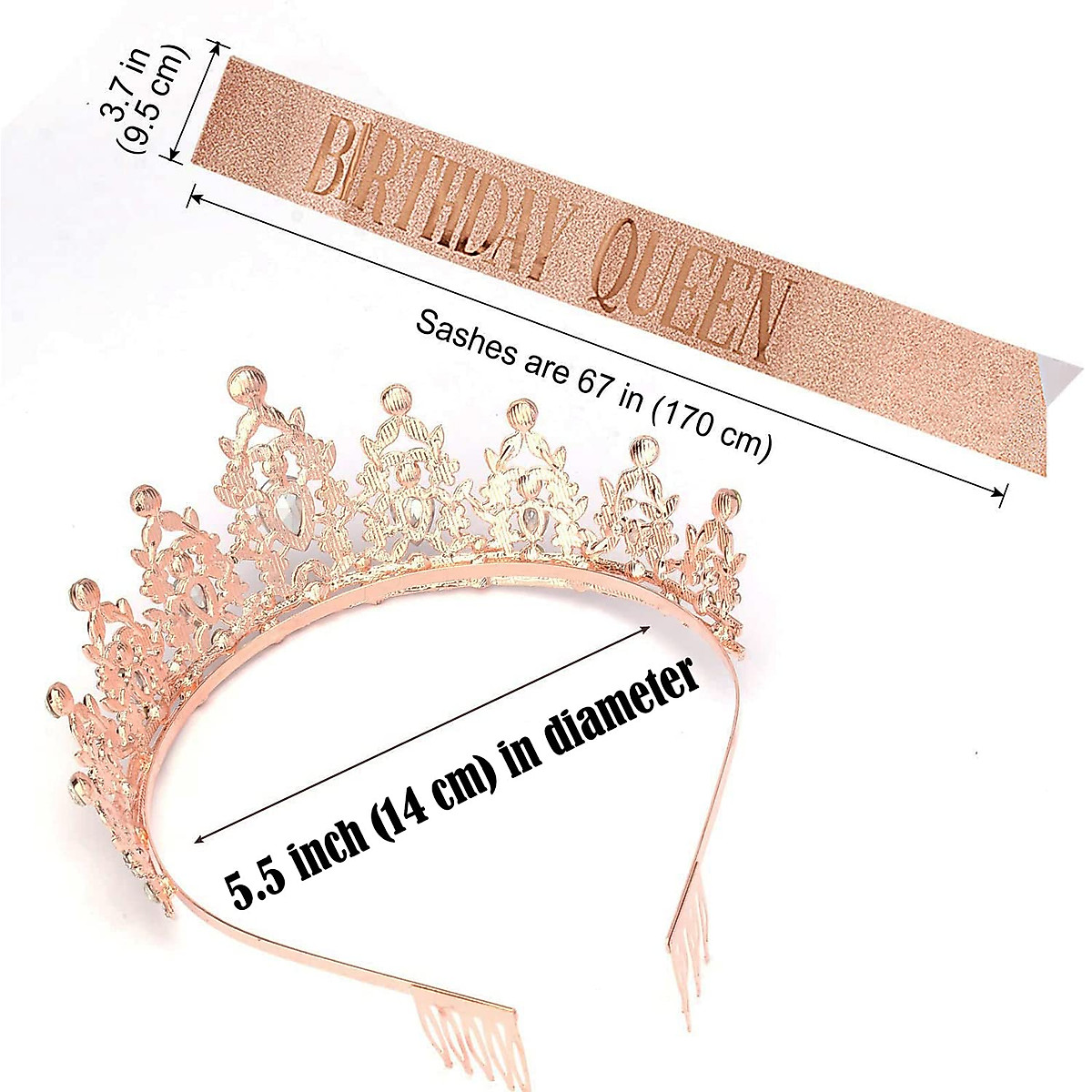 Birthday Queen Sash and Tiara for Women Crystal Tiara and Satin Kit for Girl Rhinestones Crown with Comb Glitter Hair Accessories for Prom Party Decoration Cake Topper Accessory Set with Pin (Rose Gold Tiara and Rose Gold Sash Set)