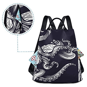 ALAZA Hand Drawn Octopus Animal Navy Blue Backpack Purse for Women Anti Theft Fashion Back Pack Shoulder Bag