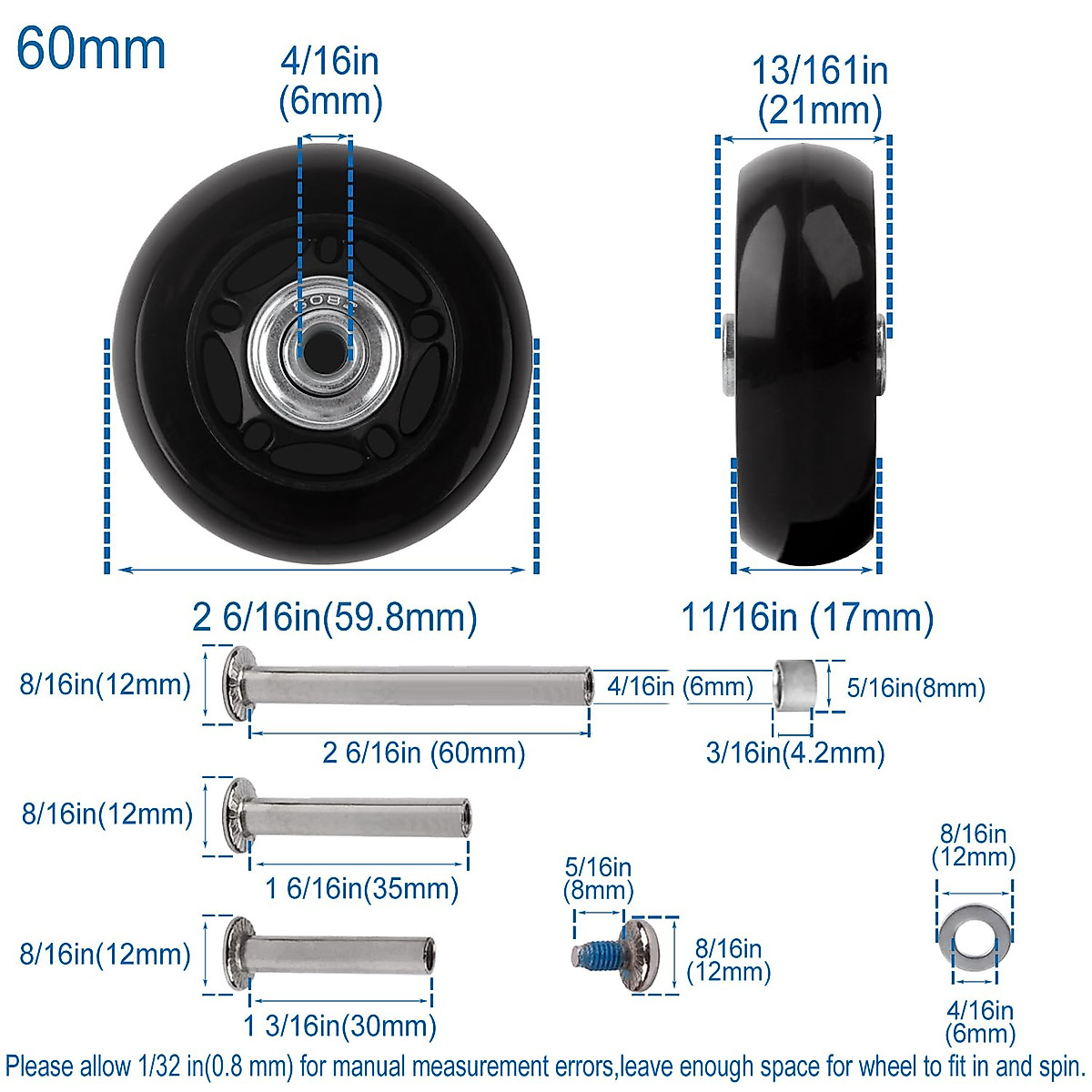 FSATNDE Luggage Suitcase Replacement Wheels Set of 4 PU Bearing Wheels-Install Width 0.8in/21mm with 3 Size Axles and Hacksaw for Trolley Bag Drawbar Box Smooth Rolling Repair(60x18mm)