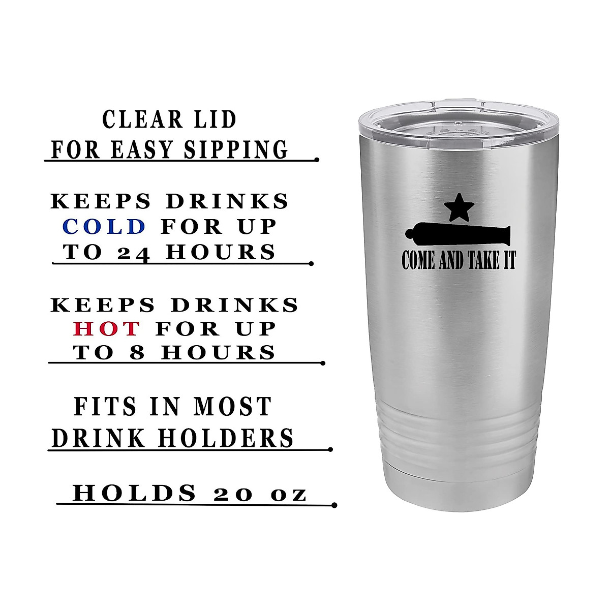 Rogue River Tactical Come and Take It Gonzales Texas Flag 20 Oz. Stainless Steel Travel Tumbler Mug Cup w/Lid Vacuum Insulated Hot or Cold (Silver)