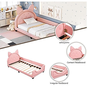 MWrouqfur Twin Size Upholstered Daybed,Wooden Daybed Frame with Carton Ears Shaped Headboard, PU Leather Platform Bed for Girls Boys, Low Profile Single No Box Spring Needed (Pink) (HYYS774)