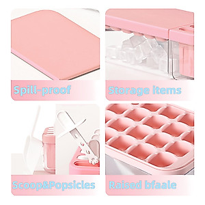 Ice Cube Tray with Lid and Bin, 24pcs Ice Cube Molds and 4pcs Popsicles Molds with 4 Reusable Popsicle Sticks, 1 Ice Scoop, Ice Cube Trays for Freezer, Whiskey, Cocktails (Pink), Masjenbu