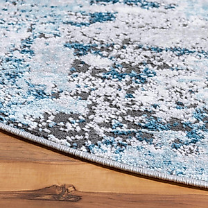 Rugs.com Leipzig Collection Round Rug – 7 Ft Round Blue Low-Pile Rug Perfect for Kitchens, Dining Rooms