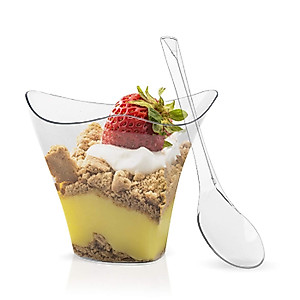Healthcom 50 Pcs/set 3.3 Oz 100ml Plastic Dessert Cups with Spoons Swirl Triangle Ice Cream Dessert Bowls Disposable Dessert Cups Appetizers Cups Salad Bowl Tasting Sample Cup for Party Wedding