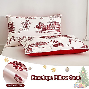 Luxudecor Christmas Duvet Cover Set King Size 3 Pieces Red Yuletide Duvet Cover Hello Winter Pattern Bedding Set with Pillowcase for Christmas New Year (104"x90")