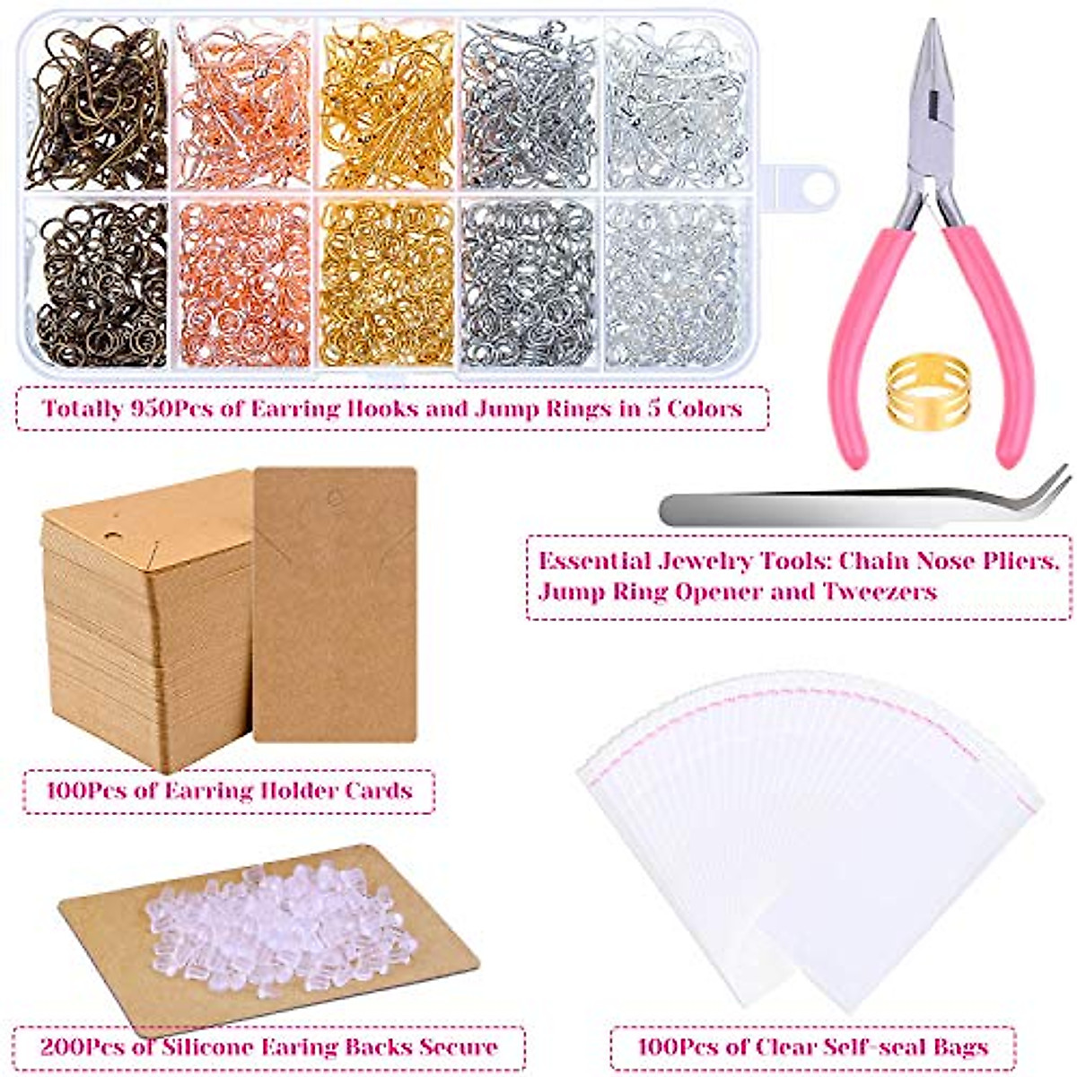 Earring Making Supplies, Paxcoo 1350pcs Earring Making Kit with Earring Hooks, Jump Rings, Pliers, Earring Backs, Earrings Holder Cards and Clear Bags for DIY Earring Supplies and Earring Findings