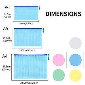 Toplive Plastic Mesh Zipper Pouch, 15 Packs (A4/A5/A6 Size,5 Colors) Waterproof Mesh Bag Document Bag File Folder for School Office Supplies