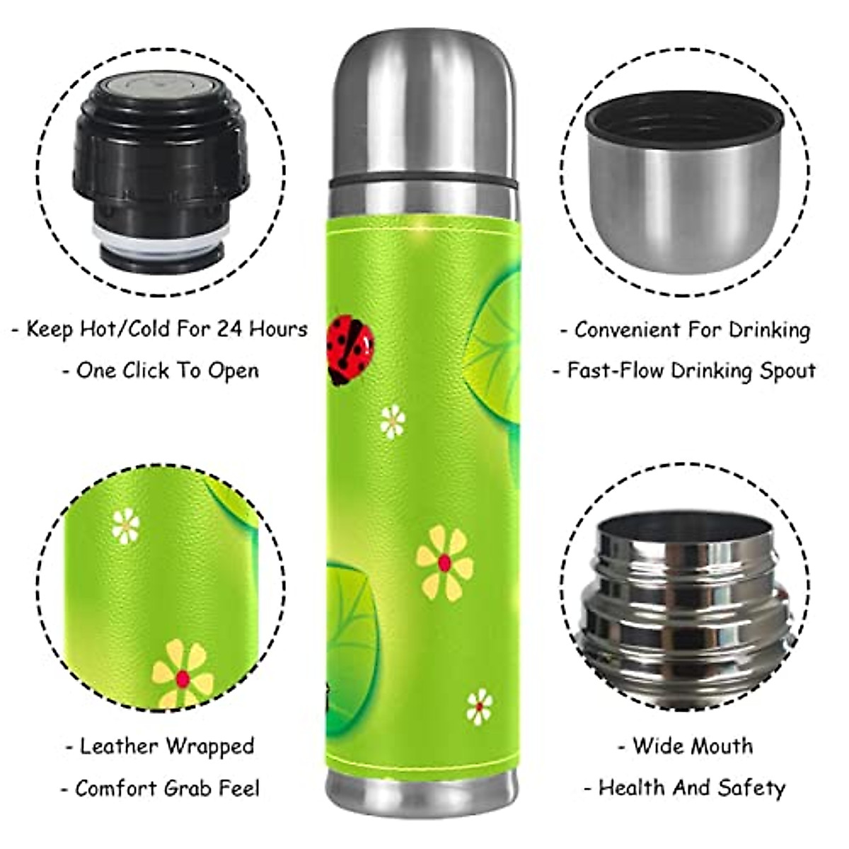 Insulated Water Bottle Stainless Steel Water Bottles Metal Water Bottle, Spring Ladybug Flower Leaves
