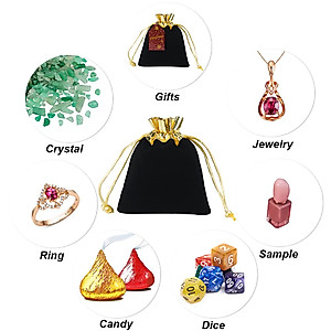 HRX Package Velvet Jewelry Bags 3x4 inch, 20pcs Black Gold Cloth Drawstring Pouches for Small Gift