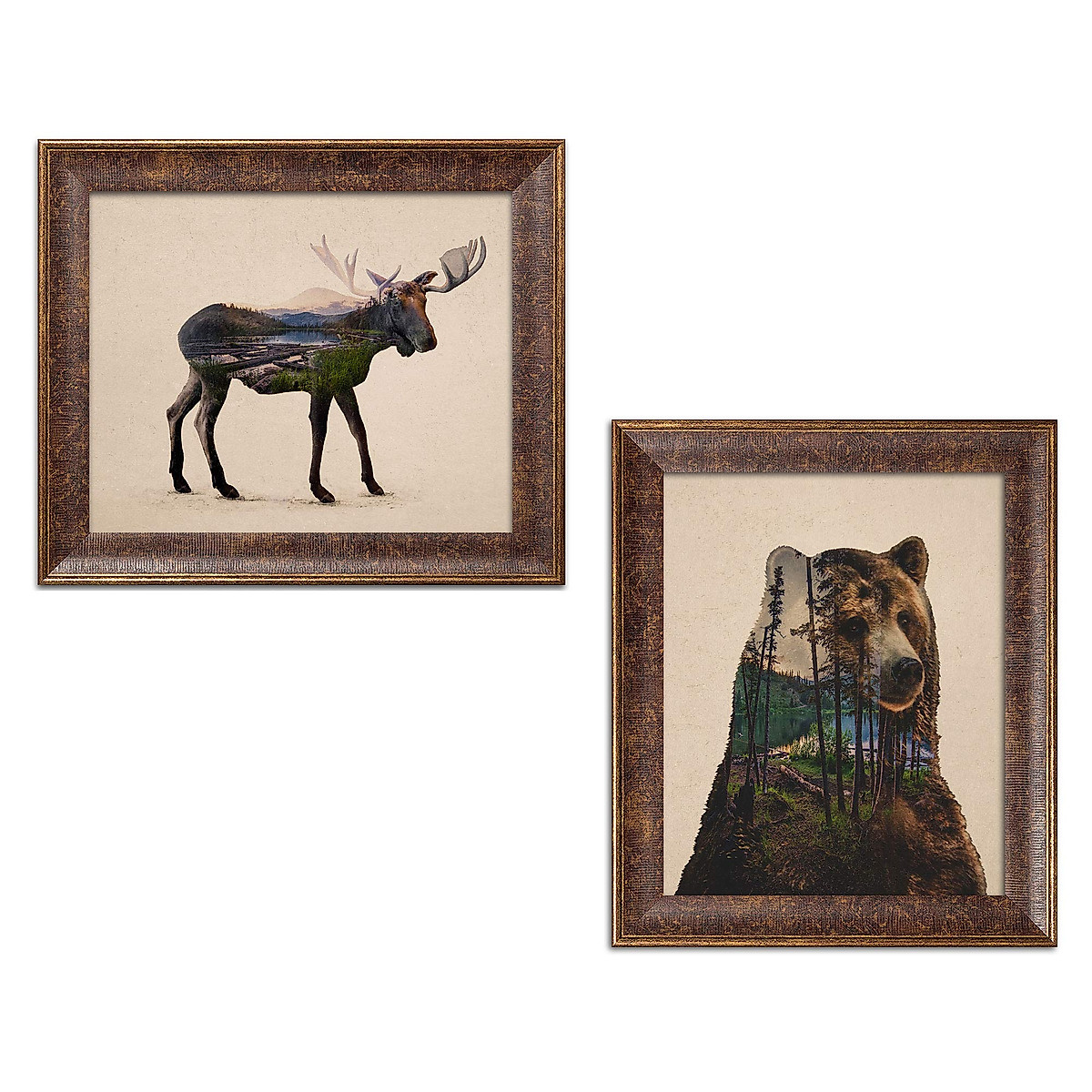 Rustic Double Exposure Bull Moose and Bear Landscape Set; Cabin Lodge Decor; One 11x14 and One 14x11in Gold Trim Brown Framed Poster Print