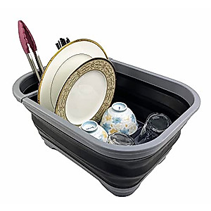SAMMART 15L (3.96 Gallons) Collapsible Plastic Dish Drainer - Foldable Drying Rack - Portable Dinnerware Organizer - Space Saving Storage Tray for Kitchen, Camping (Grey/Black)