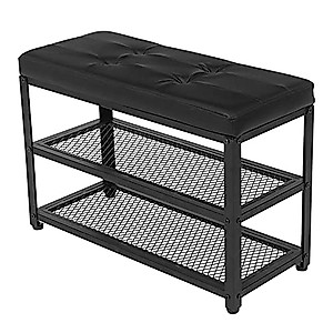 NA with Soft Cushion Stool Three-Layer Shoes Stool Frame 3-Layer Shoe Rack for Entrance PU Leather Metal Frame Suitable for Living Room Corridor 70 × 30 × 45cm Black