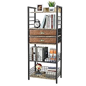 Yuyetuyo Bookshelf Industrial Retro Wood Bookcase with 2 Drawers and Wire Baskets, 4 Tier Free Standing Book Storage Shelf Display Rack for Living Room Bedroom Office, Rustic Brown