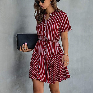 Shakumy Women Short Sleeve Button Swing Mini Dress Casual Summer Plaid Stripe Snakeskin Loose Tunic Shirts Short Dress