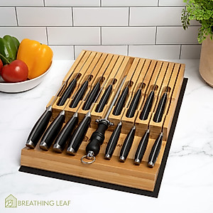 Drawer Knife Organizer - Bamboo Knife Block Insert - Holds 16 Knives + 1 Knife Sharpener (Knives Not Included) - Reliably Store, Secure & Organize Your Kitchen Knives In Cabinet - Free Up Counterspace