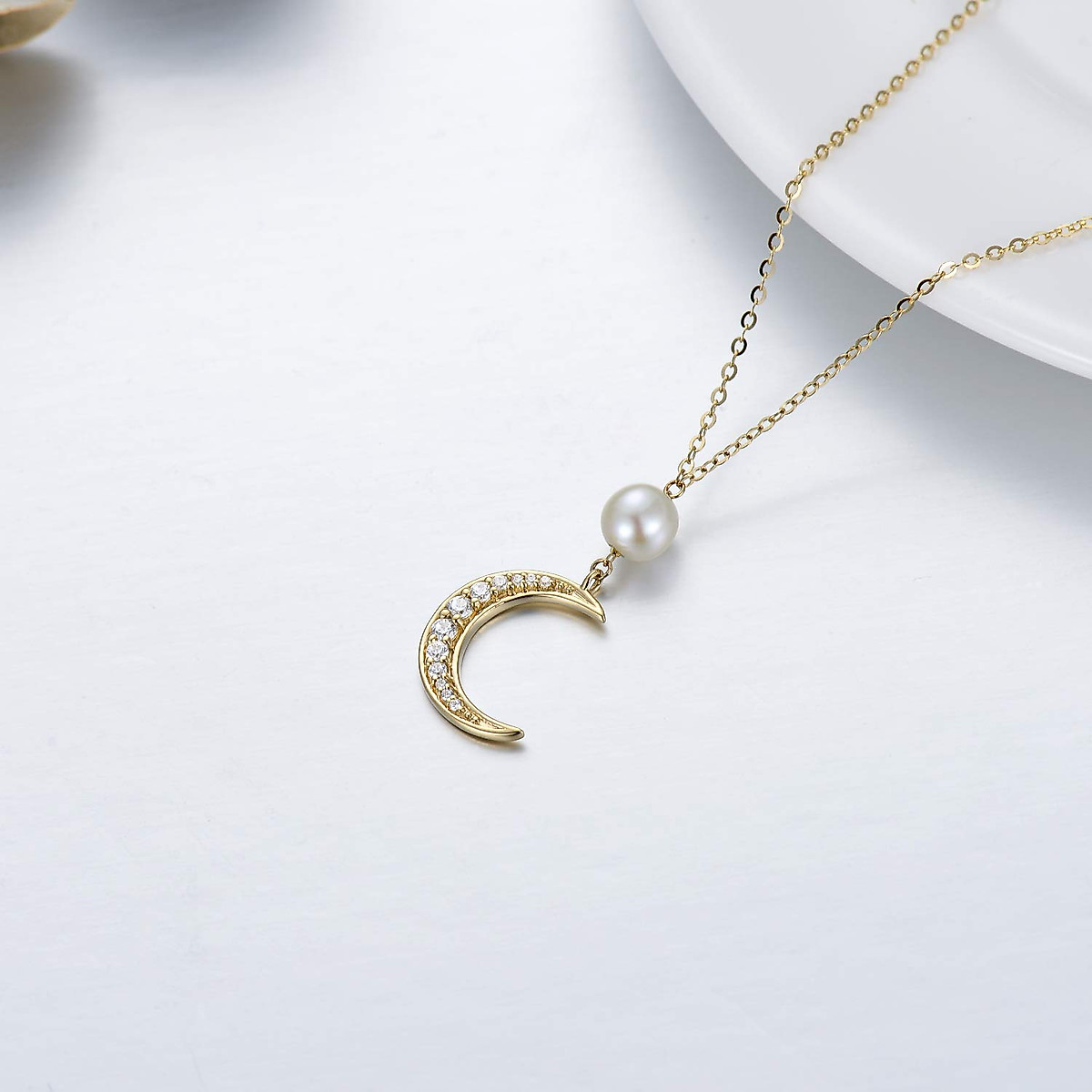 14K Solid Gold Crescent Moon Necklace for Women, Real Gold Moissanite Moon Pendant with Pearl Necklace Anniversary Jewelry Gift for Her, 16-18 Inch