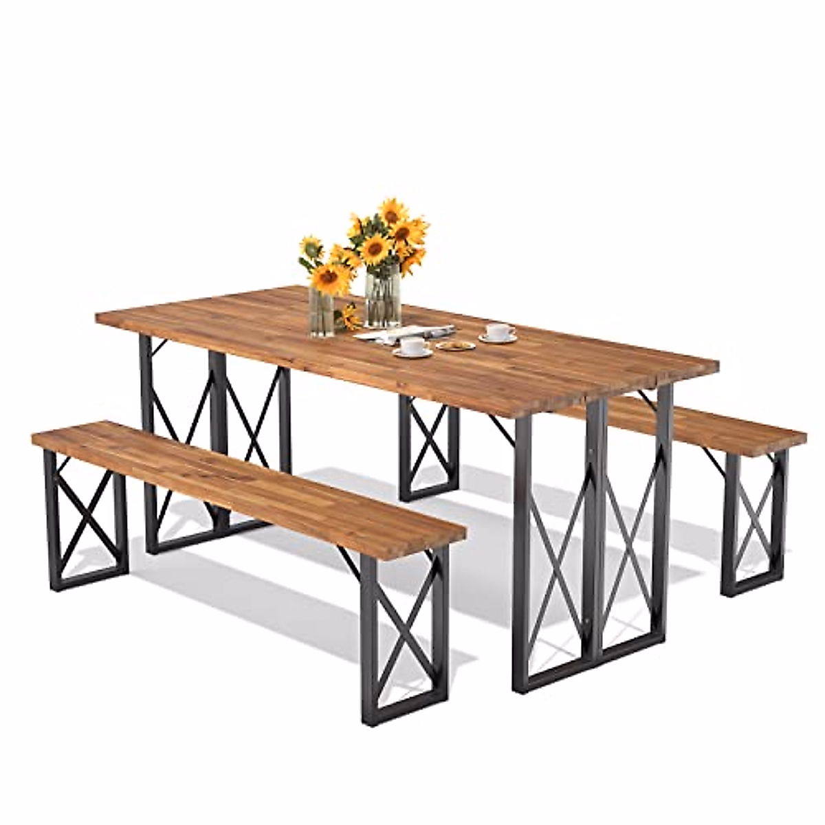 Giantex Outdoor Picnic Table Set with 2 Benches, Acacia Wood Patio Dining Table Set for 6 or 4 Persons, with 2” Umbrella Hole, 67” Large Rectangular Camping Table for Garden Lawn Yard 800 Lbs Capacity