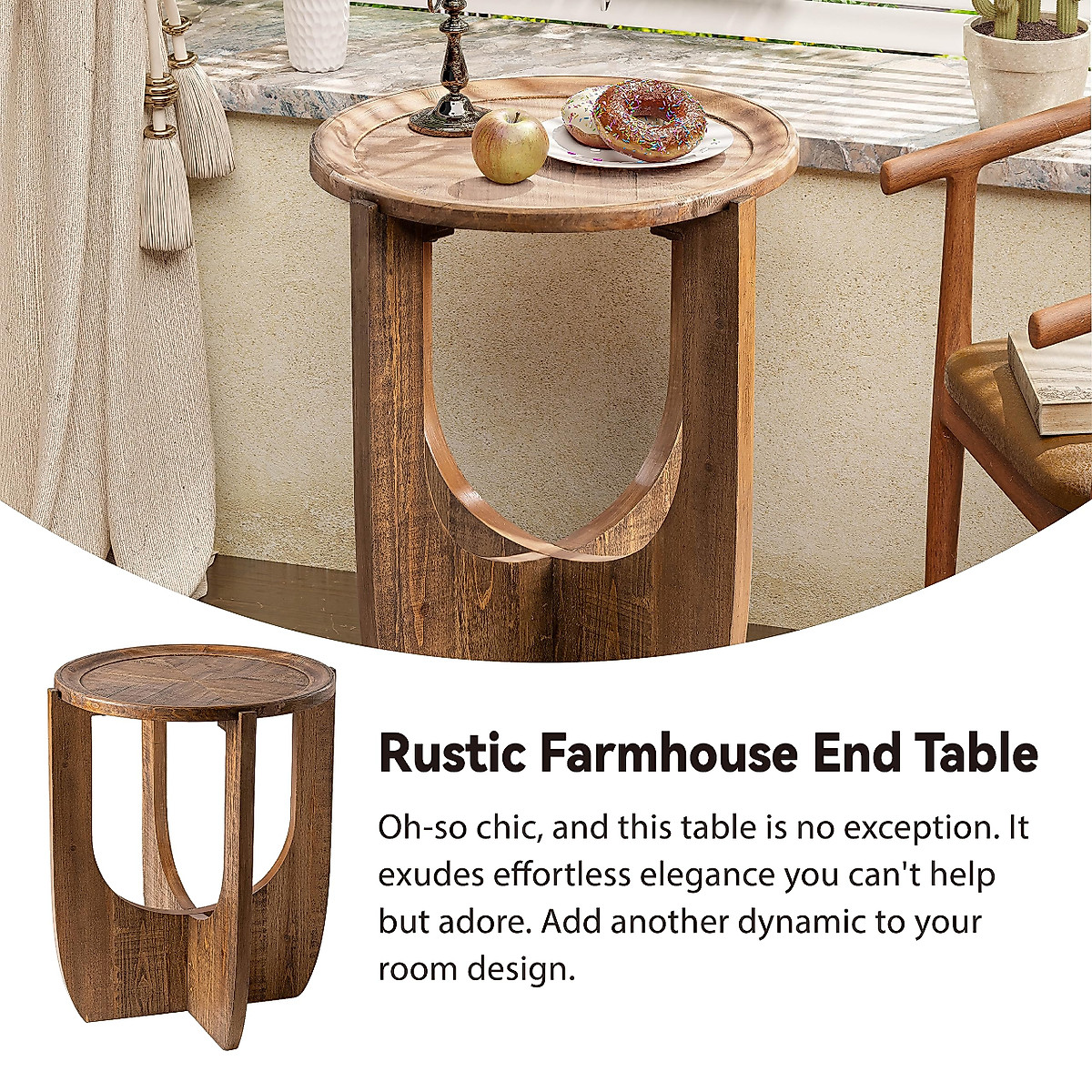 COZAYH Rustic Farmhouse End Table, French Country Accent Side Table for Family, Dinning or Living Room, Small Spaces, Modern, Round, Brown End Table