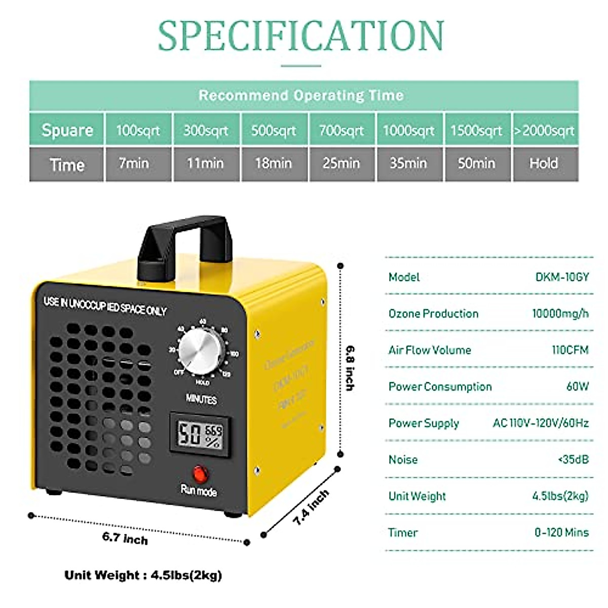 Ozone Generator10,000 mg/h High Capacity Ozone Machine Odor Removal Home Deodorizer, Suitable for Home, Pet and Car