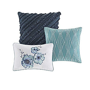 Madison Park 100% Cotton Comforter Set - Feminine Design Colorful Floral Print, All Season Down Alternative Bedding Layer and Matching Shams, King (104 in x 92 in), Enza, Teal 7 Piece