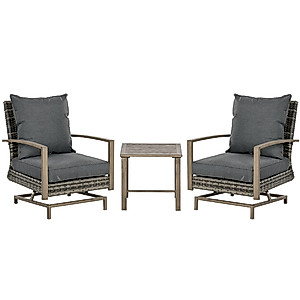 Outsunny 3-Piece Patio Wicker Bistro Set with Cushions, Aluminum Frame Outdoor PE Rattan Conversation Furniture with 2 Rocking Chairs, Slat Top Coffee Table for Porch, Backyard, Garden, Dark Gray