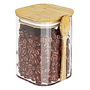 JunVpic Glass Jar with Bamboo Lid - 17 Oz Square Storage Container Canister with Scoop Spoon for Cube Sugar, Coffee Beans, Creamer, Tea, Bath Salt, Chia Organizer, Pack of 1