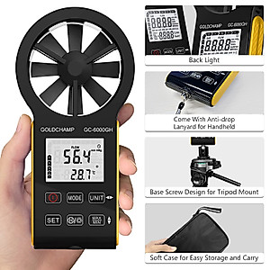 GOLDCHAMP Digital Anemometer, CFM Rechargeable & Waterproof Anemometer Measures Wind Speed(0.3~30m/s), Air Volume(0-999900 ft3/min) with Touch Screen, Backlight Display for HVAC, Shooting, Drone