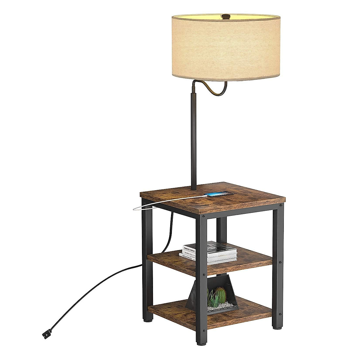 AntLux LED Floor Lamp with End Table - USB Charging Port, Power Outlet, Bedside Table with Shelves, Rustic Night Stand with Industrial Floor Light for Living Room, Bedroom, Guest Room, Edison Bulb