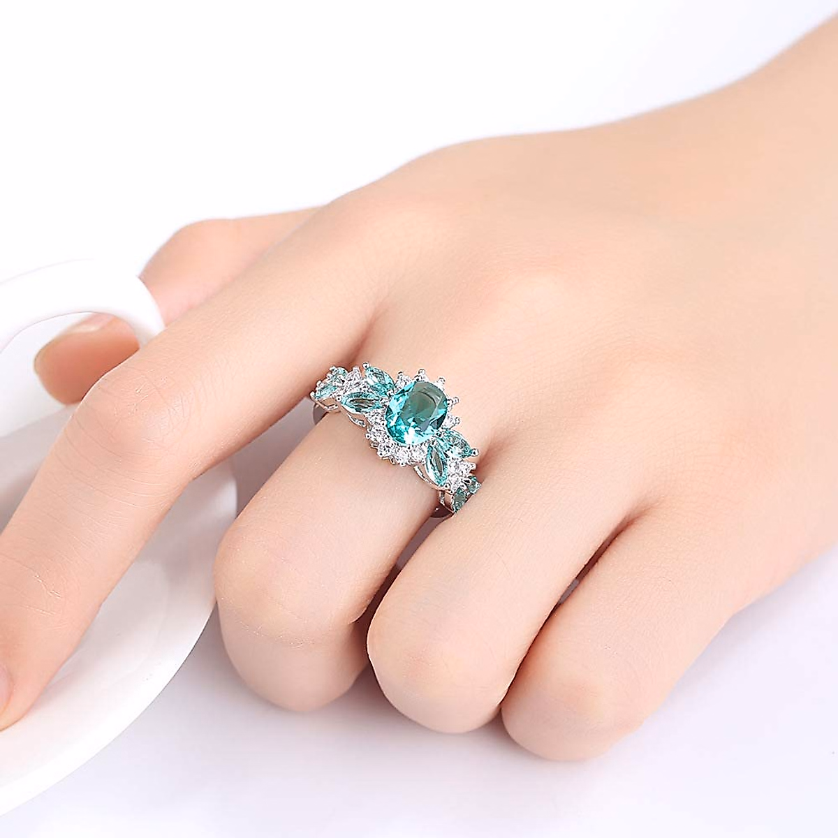 Emsione Silver Plated Cubic Zirconia Oval Cut Flower Wedding Band Eternity Promise Ring for Women Size 7