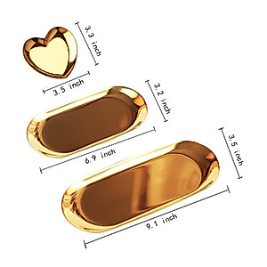 JKanruh 3 Pack 3 Sizes Gold Stainless Steel Towel Tray,Storage Tray,Tea Tray Fruit Trays,Decorative Tray,Jewelry Dish Cosmetics Organizer(Oval,Heart-Shaped)