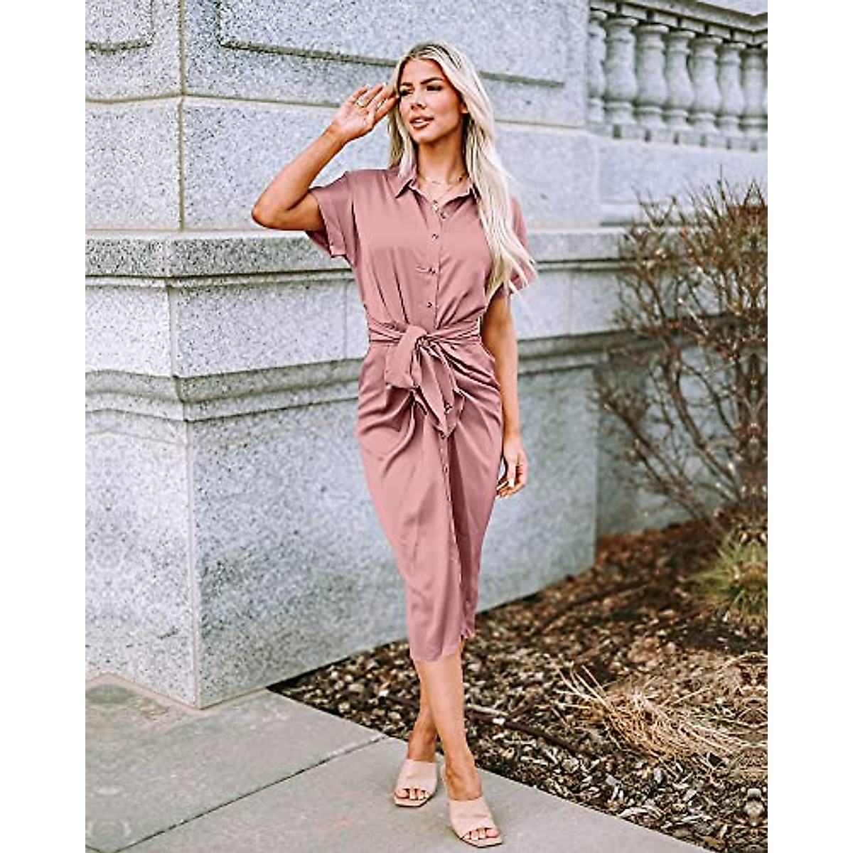BTFBM Women 2023 Button Down Ruched Shirt Dresses Short Sleeve Lapel V Neck Elegant Party Spring Summer Maxi Satin Dress(Short Sleeve Pink, Small)