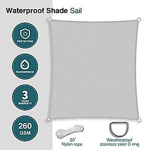 ECOOPTS 16'x16' Waterproof Sun Shade Sail Rectangle Canopy Cover UV Blockage for Outdoor Patio Pergola Backyard Garden (Light Gray)