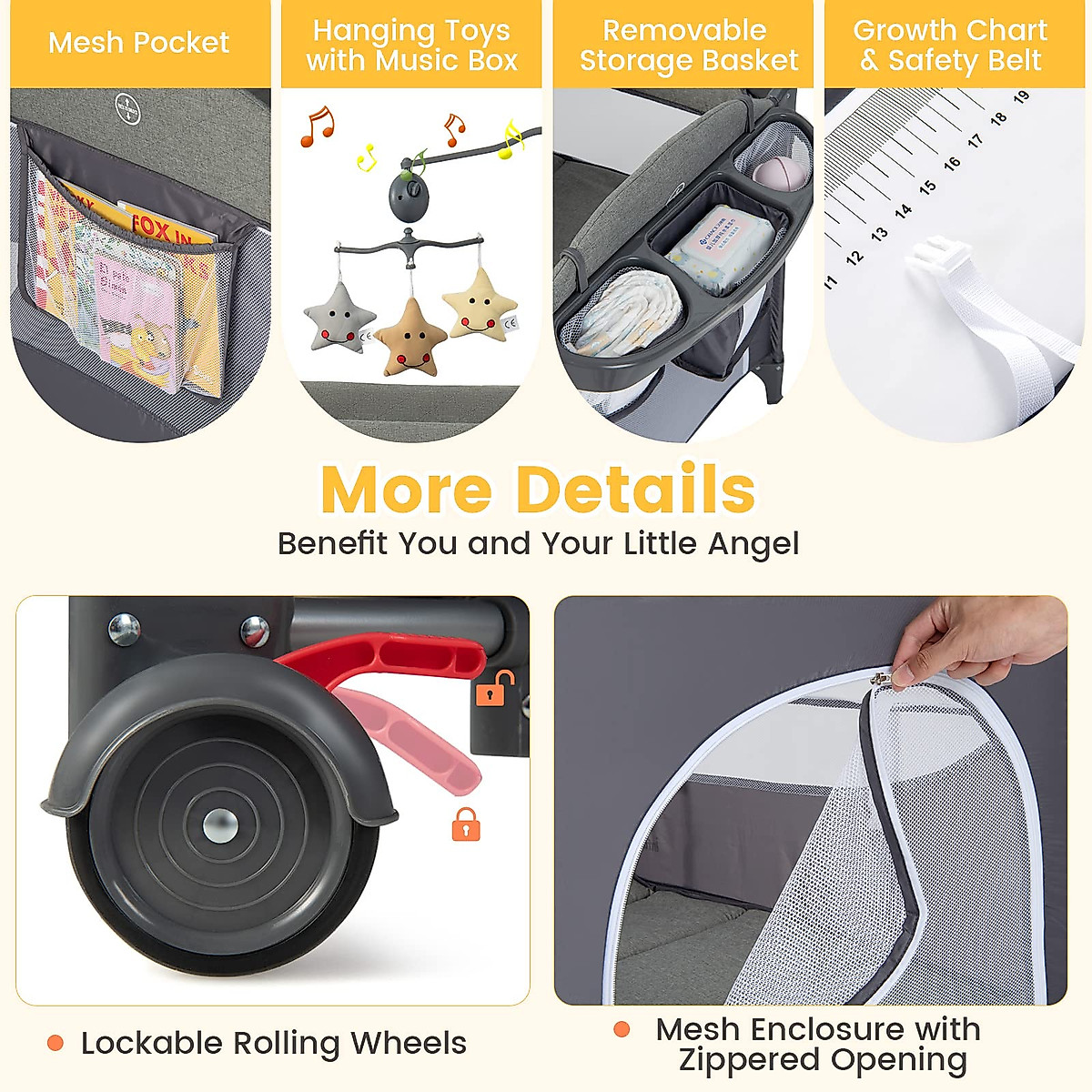 INFANS Pack and Play, Baby Bedside Sleeper with Bassinet, Diaper Changer, Mattress, Carry Bag, Music Box Hanging Toys, Foldable Bedside Crib, Portable Playard for Newborn Toddlers (5 in 1, Classic)