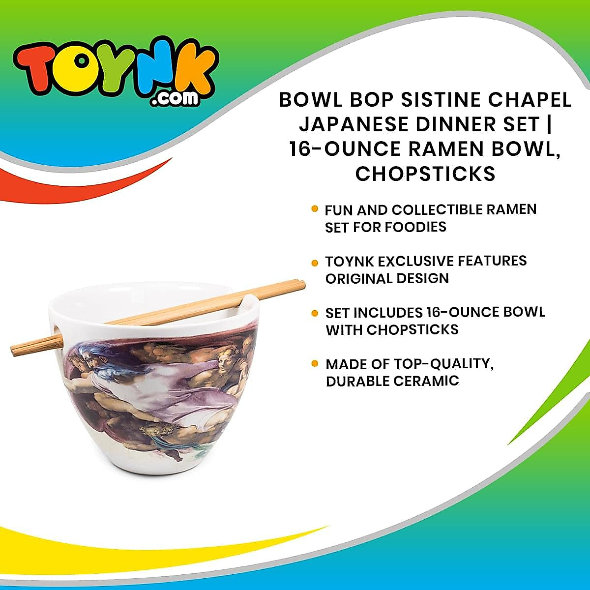Bowl Bop Sistine Chapel Japanese Ceramic Dinnerware Set | Includes 16-Ounce Ramen Noodle Bowl and Wooden Chopsticks | Asian Food Dish Set For Home & Kitchen | Funny Religious Gifts, Snack Collectible