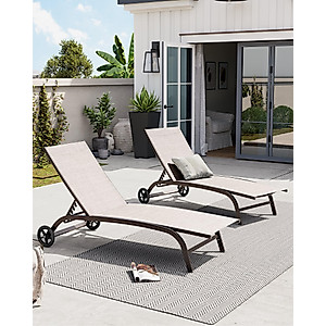 Crestlive Products Aluminum Chaise Lounge Chairs with Wheels Outdoor Adjustable Recliner Five-Position and Full Flat All Weather for Patio, Beach, Yard, Pool (2PCS Beige)