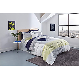 Lacoste Backspin 2- Piece Reversible 100% Cotton Striped Duvet Cover & Sham Set, Twin/Twin XL, Ivory/Blue/Yellow