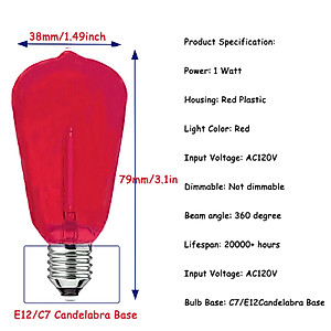Red ST38 Replacement LED Bulb Red 1W Shatterproof C7/E12 Candelabra Base ST38 Filament Bulb Red Plastic LED Indoor Outdoor String Light Replacement Bulbs for Wedding Party Home, Red (15 Pack)