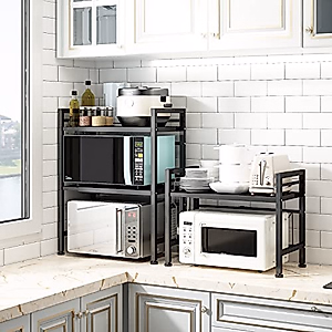 DOLALIKE Microwave Oven Rack, Expandable Microwave Stand Countertop Kitchen Utensils Tableware Storage, Carbon Steel Over Microwave Shelf Countertop 3 Tier with 3 Hooks