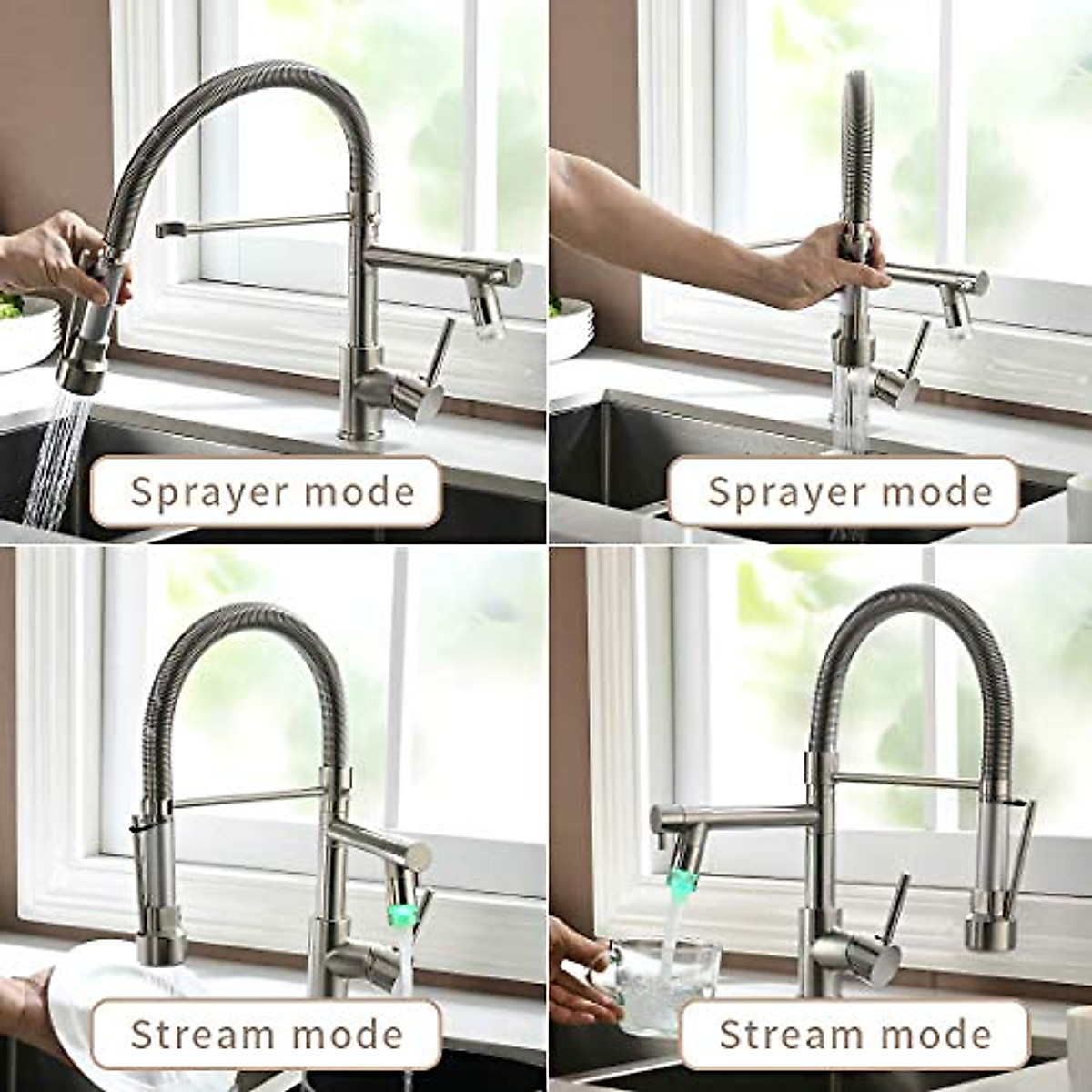 Fapully LED Kitchen Faucet with Sprayer,Single Handle Kitchen Faucet with Hole Cover Brushed Nickel